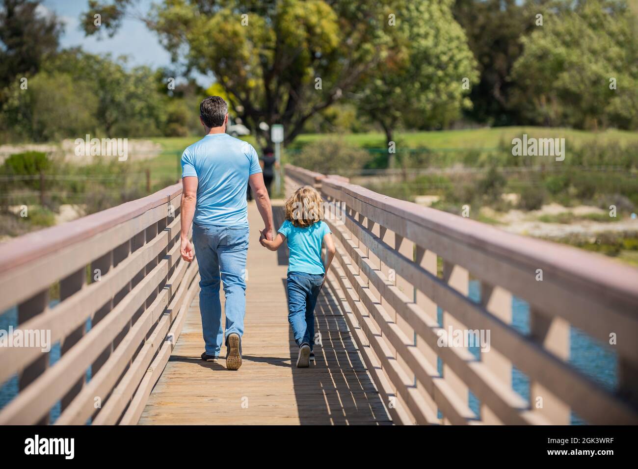 happy father leading his child outdoor, back view, relationship Stock ...