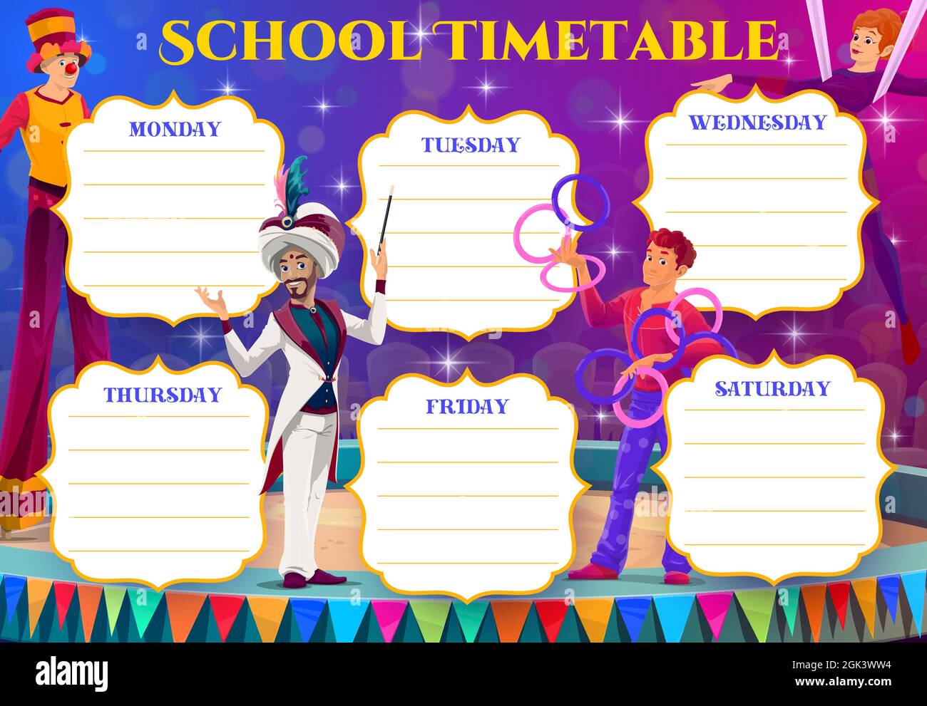 Circus performers of kids education timetable. Vector school schedule ...