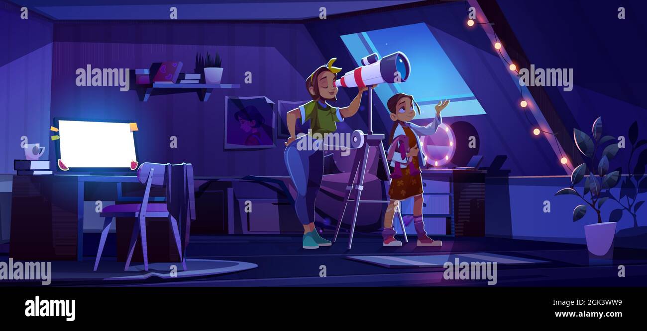 Mother and daughter look in telescope from attic room, young girl with ...
