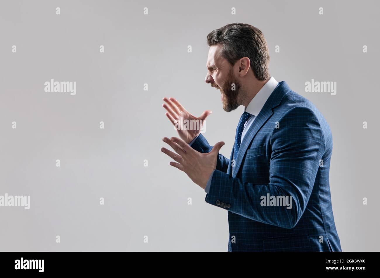 Distressful experience. Angry boss scream making wide gesture ...