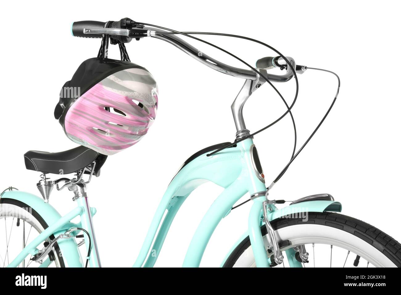 Modern two-wheeled bicycle with helmet on white background Stock Photo ...