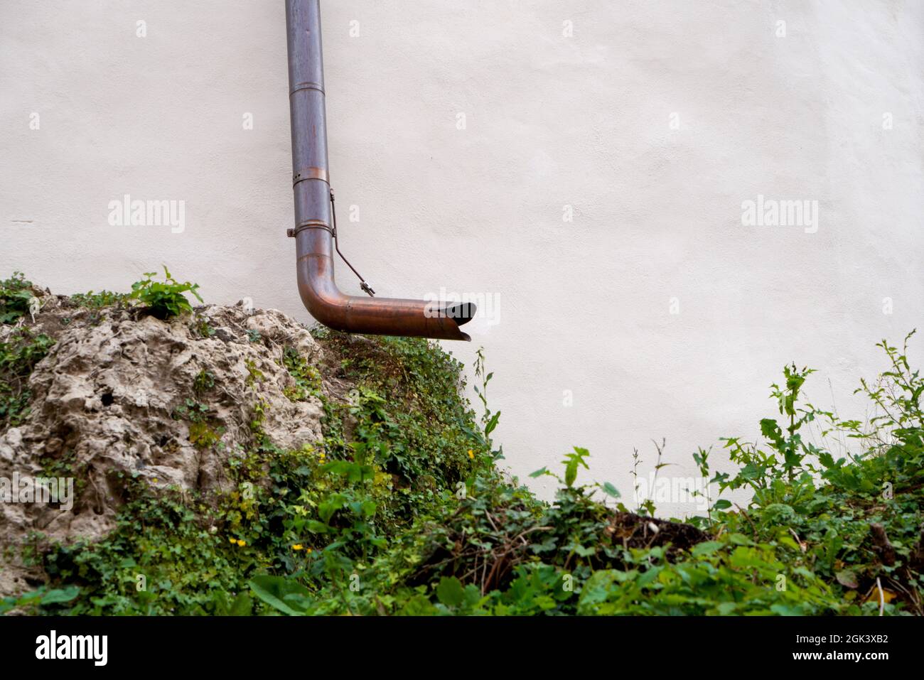 Shot of a rusty brown pipe edge curving on a verdurous stone in front ...