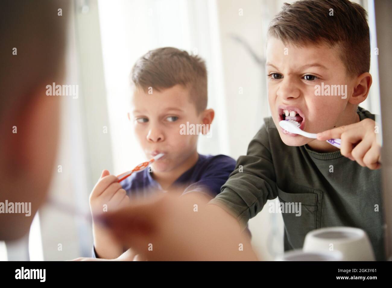 boy brushing teeth dental toothbrush daily habit routine Stock Photo ...