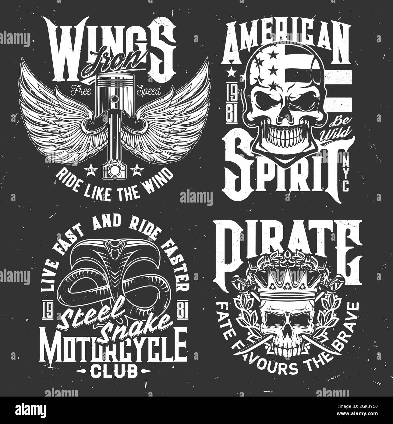 Tshirt prints with winged engine valves, skulls and cobra vector ...