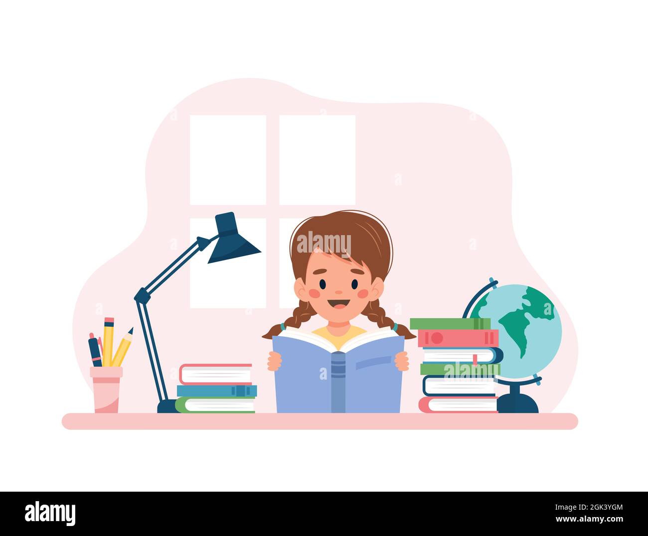 Girl reading a book sitting at a desk. Vector illustration concept in ...