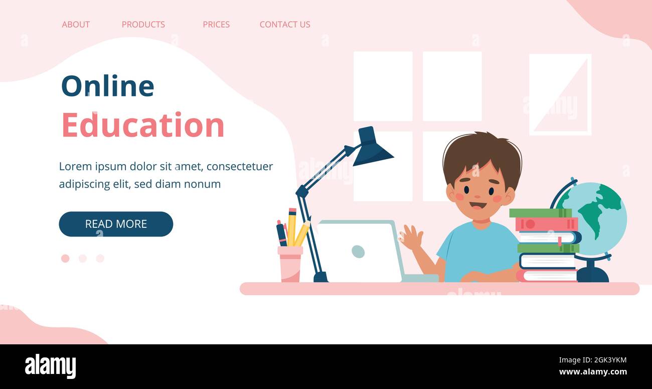 Online education, little boy studying with computer and books. Vector ...