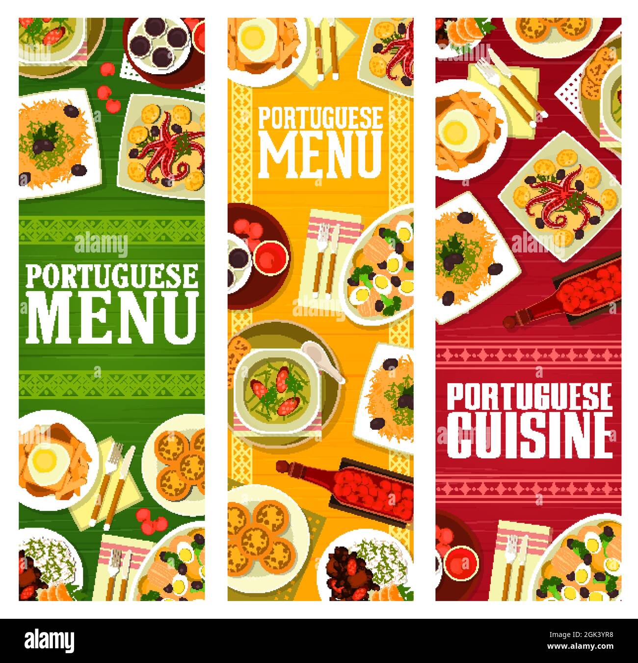 Portuguese cuisine menu vector banners of meat, seafood and vegetable ...