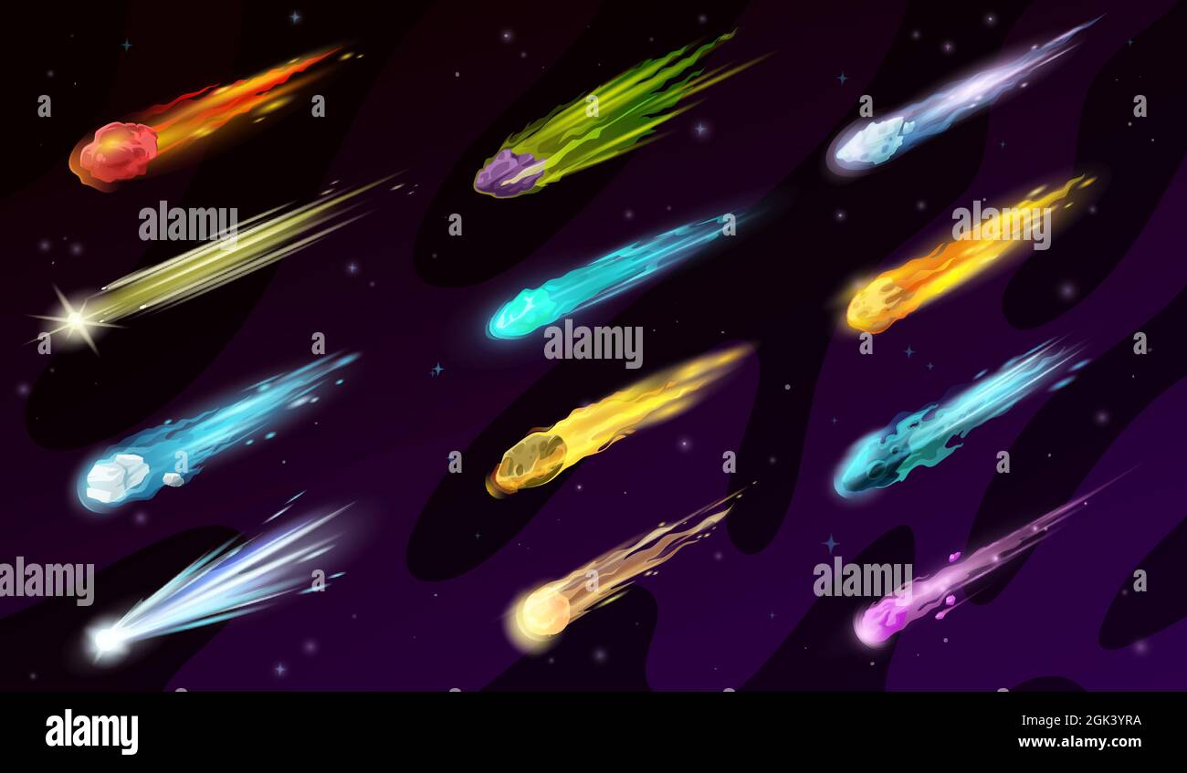 Cartoon space comets, asteroids, meteors, meteorites game asset ...