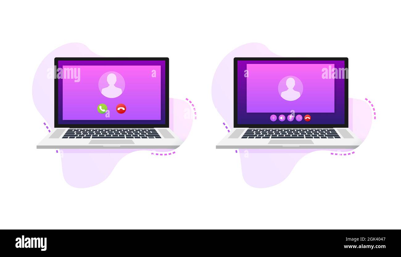 Incoming video call on laptop. Laptop with incoming call, man profile ...