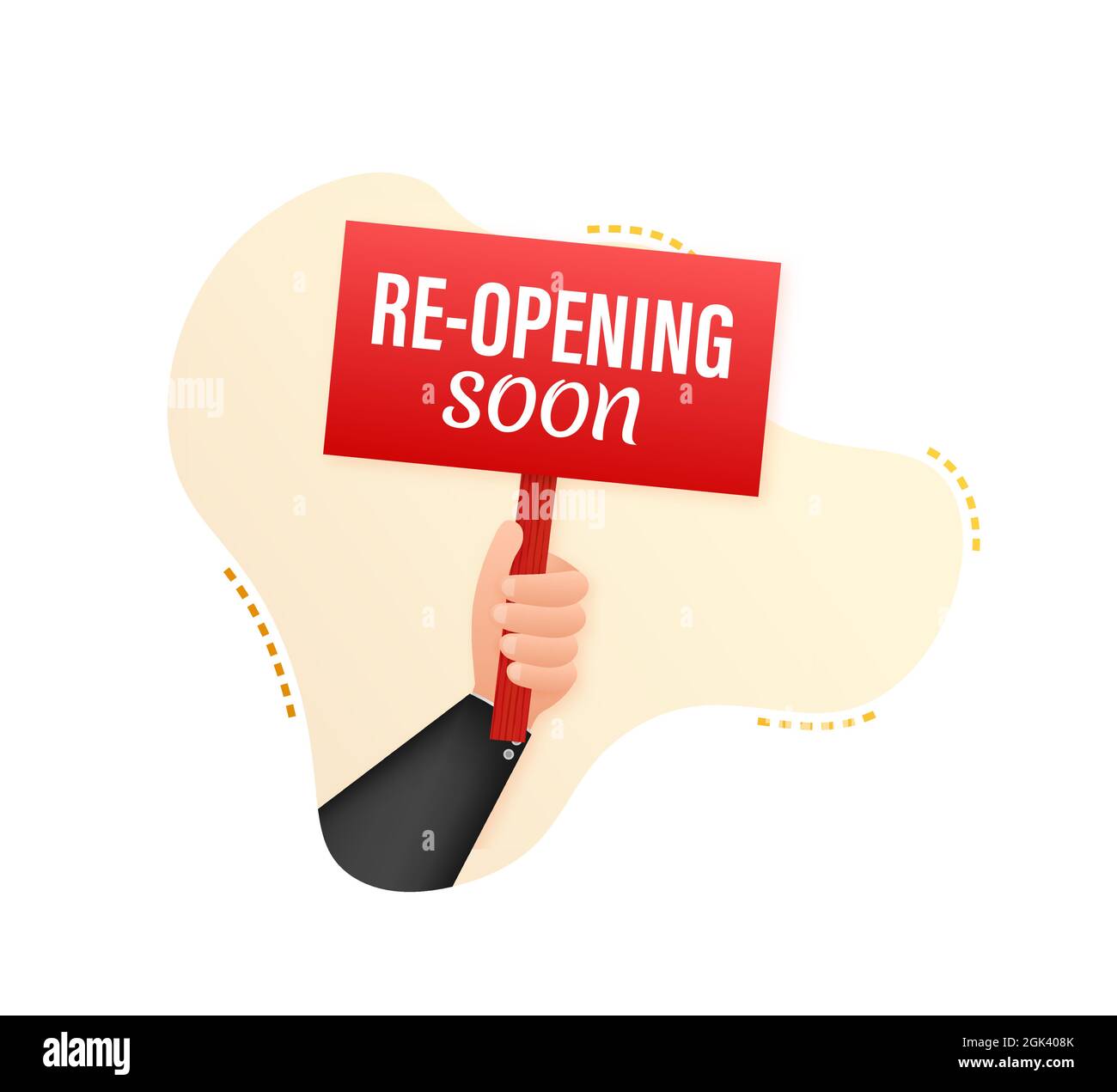 Re opening hand with placard on white background. Sign for door. Vector ...