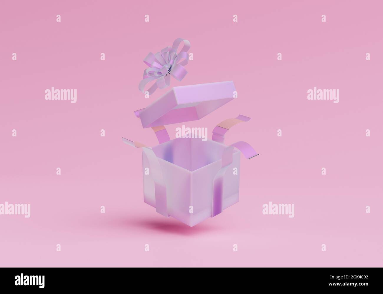 transparent pink and open gift box floating in the air. 3d rendering ...