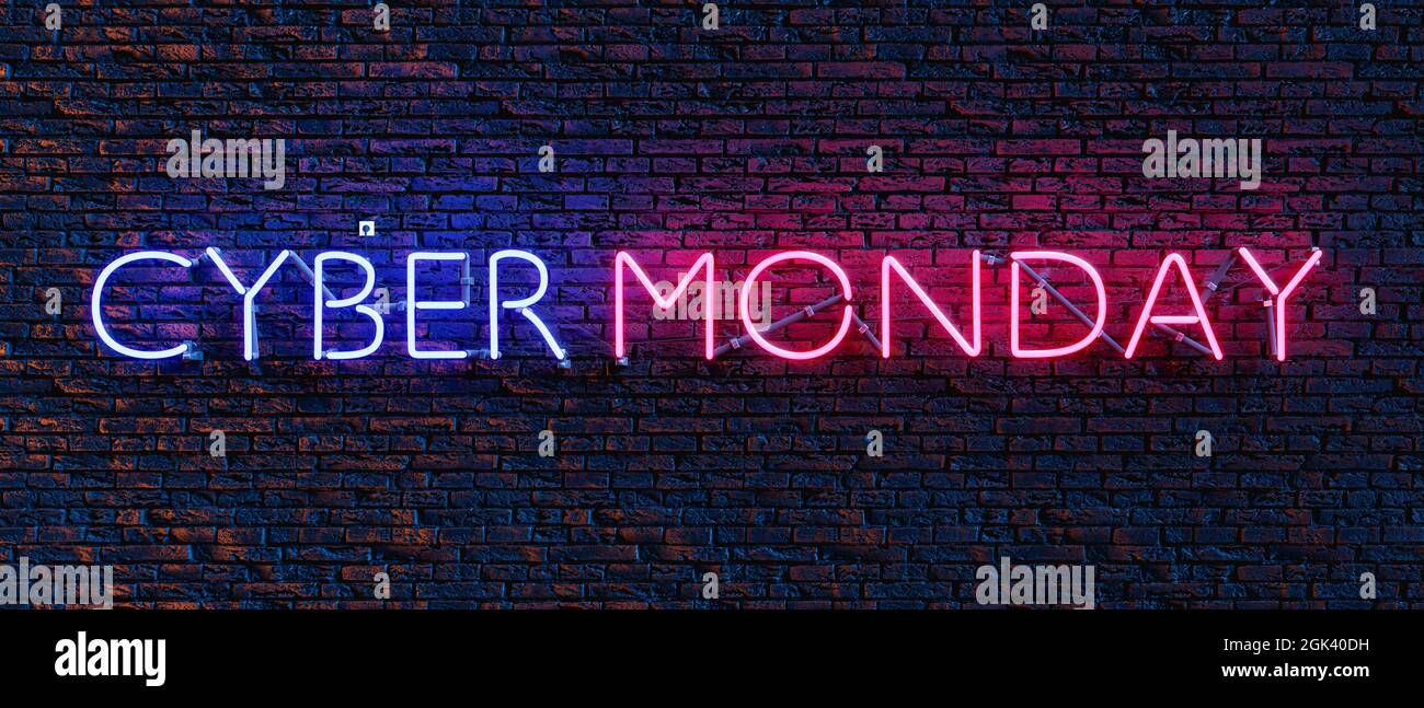 CYBER MONDAY neon sign on dark brick wall. 3d rendering Stock Photo - Alamy