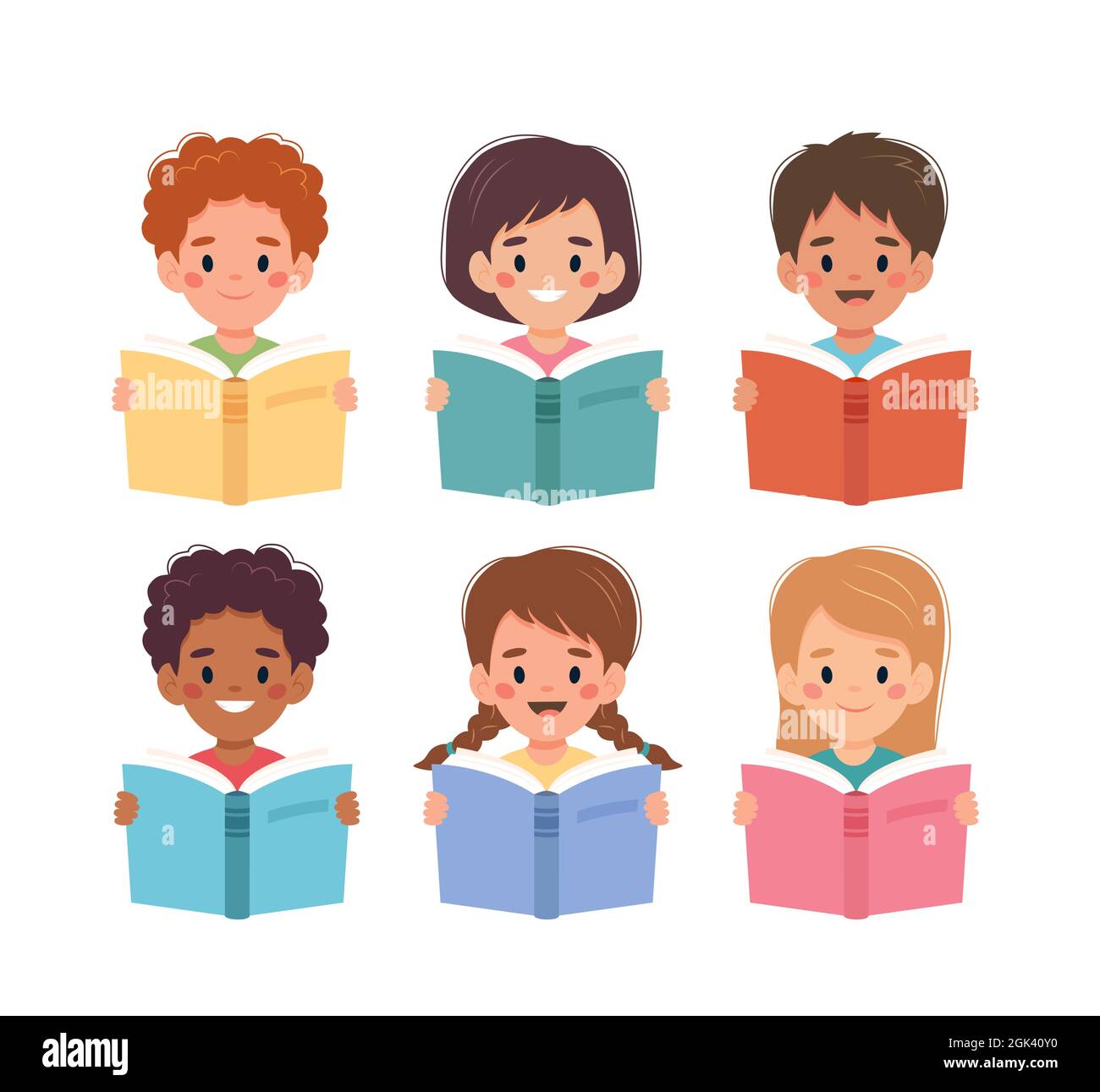 Children reading books, little boys and girls portraits with colored ...