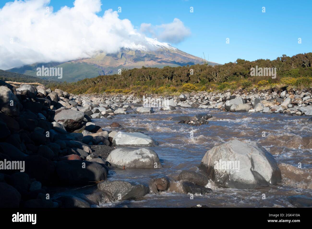 Mount Taranaki and Stony River, Taranaki, North Island, New Zealand ...