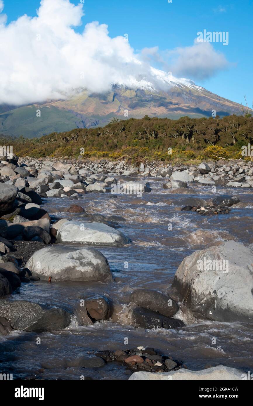 Mount Taranaki and Stony River, Taranaki, North Island, New Zealand ...
