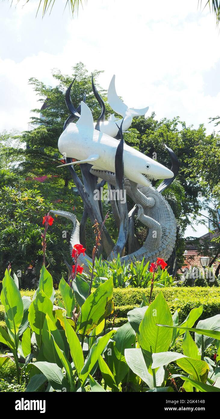 Surabaya, Indonesia- April 20, 2018. Sura and Crocodile Statue, the ...
