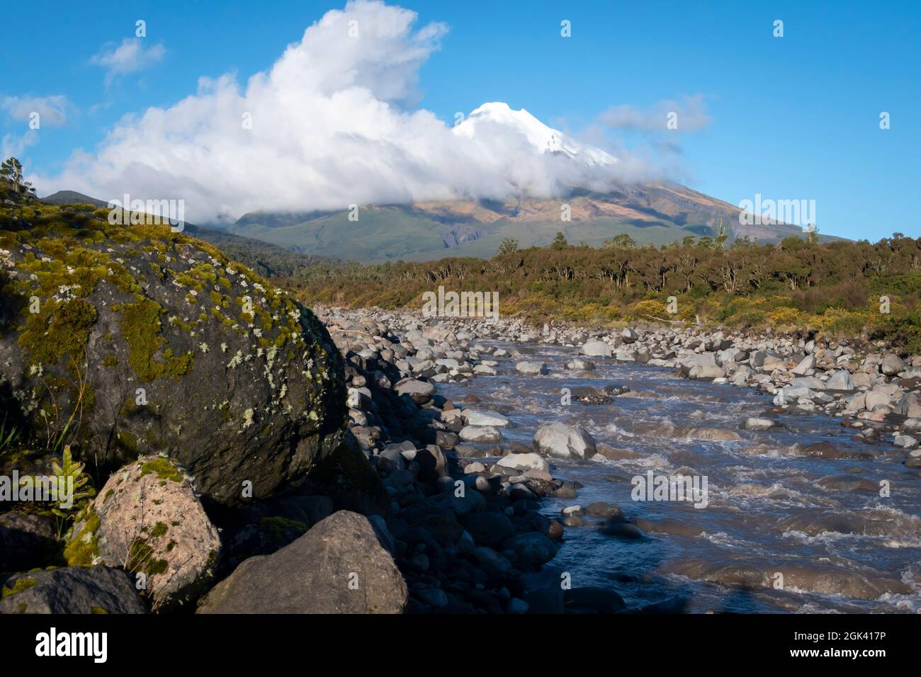 Mount Taranaki and Stony River, Taranaki, North Island, New Zealand ...