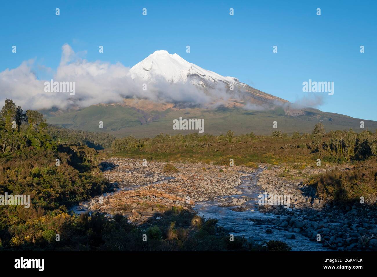 Mount Taranaki and Stony River, Taranaki, North Island, New Zealand ...