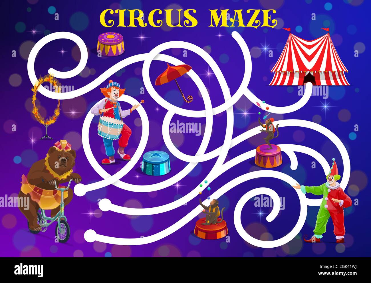 Circus labyrinth maze with vector clowns and trained animals. Kids ...