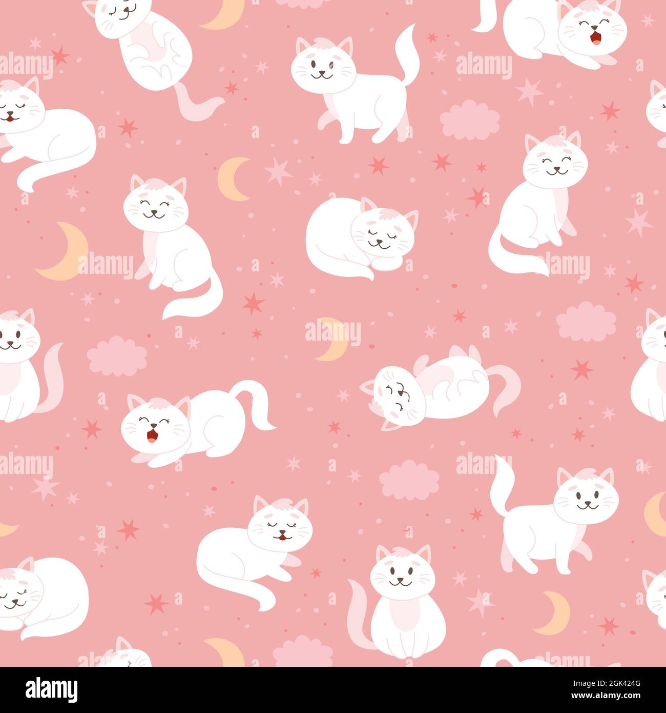 Cats pattern with moon, stars and clouds. Cute white cat character in ...