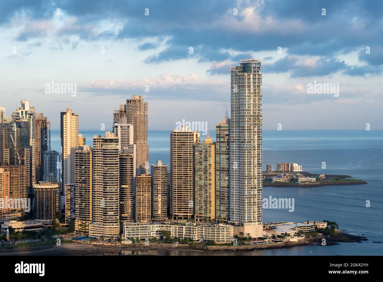 Aerial view of the skyline of skyscrapers under a sunset sky Stock ...