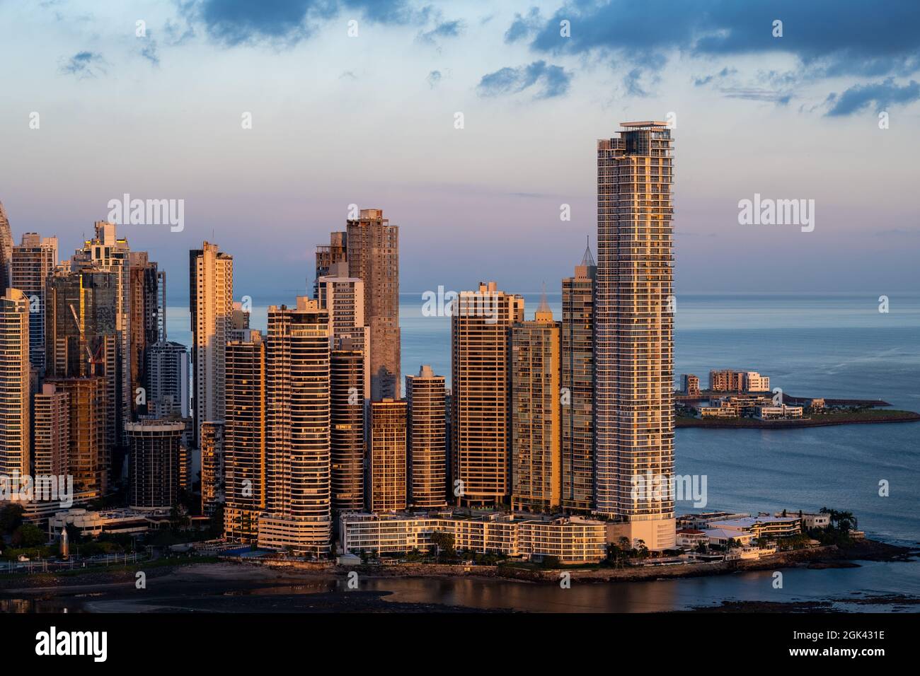 Aerial view of the skyline of skyscrapers under a sunset sky Stock ...