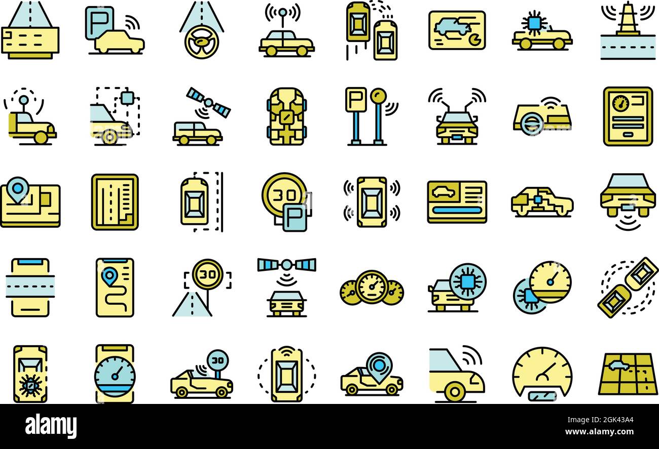 Autonomous car icons set. Outline set of autonomous car vector icons ...