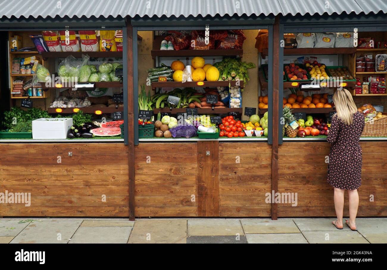 Fruit and Vegetable outside stall with female customer Stock Photo - Alamy