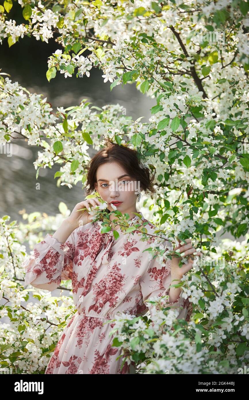 Beautiful romantic woman stands in branches of blooming apple tree ...