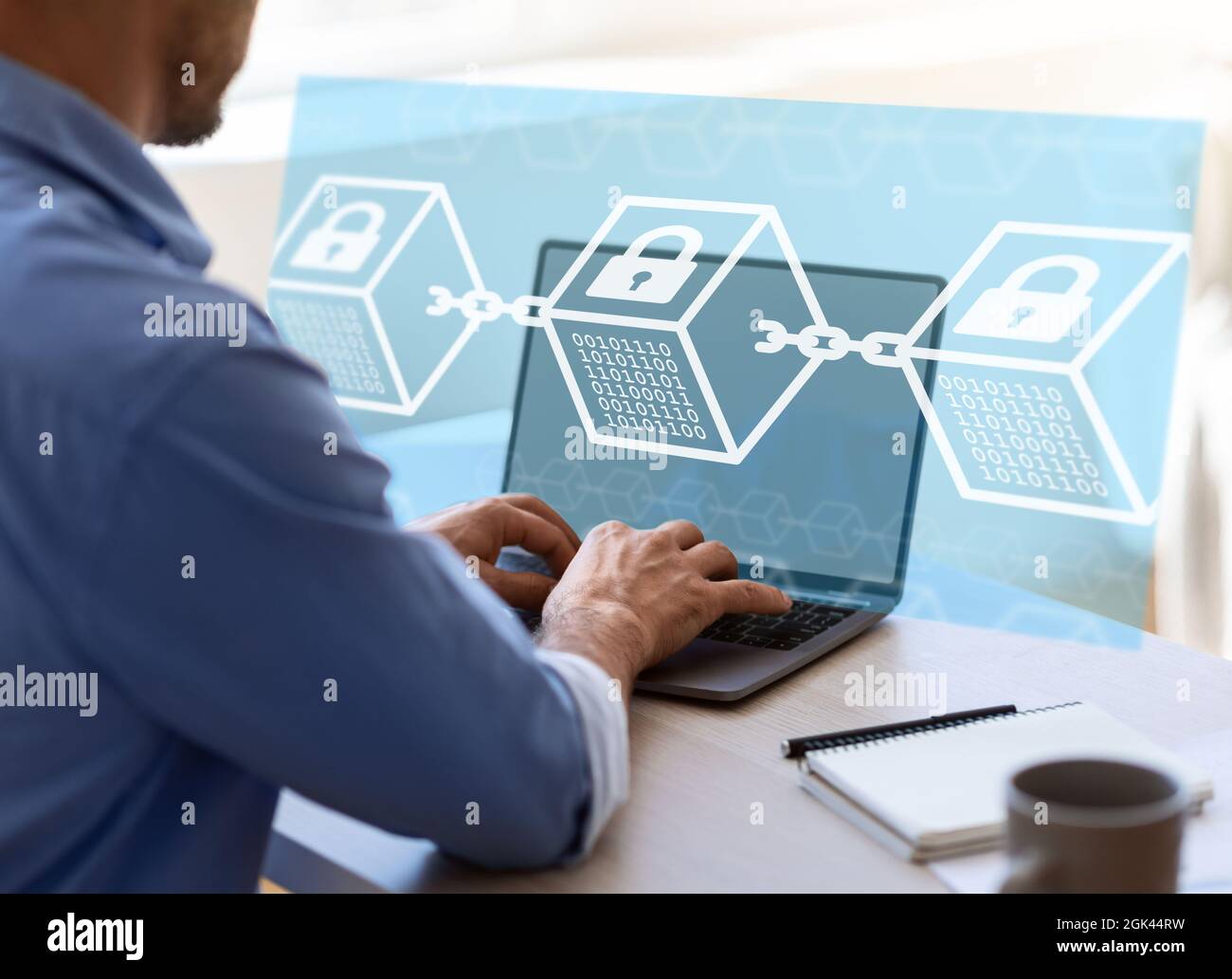 European young businessman working on computer, double exposure with ...