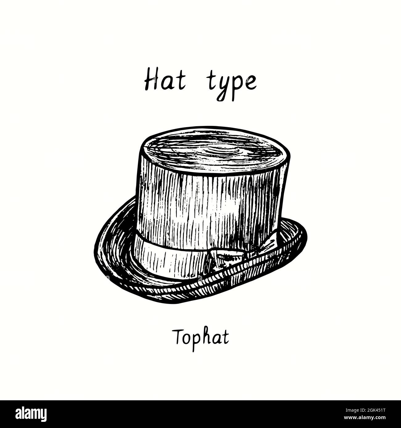 Hat type, top hat. Ink black and white drawing outline illustration ...
