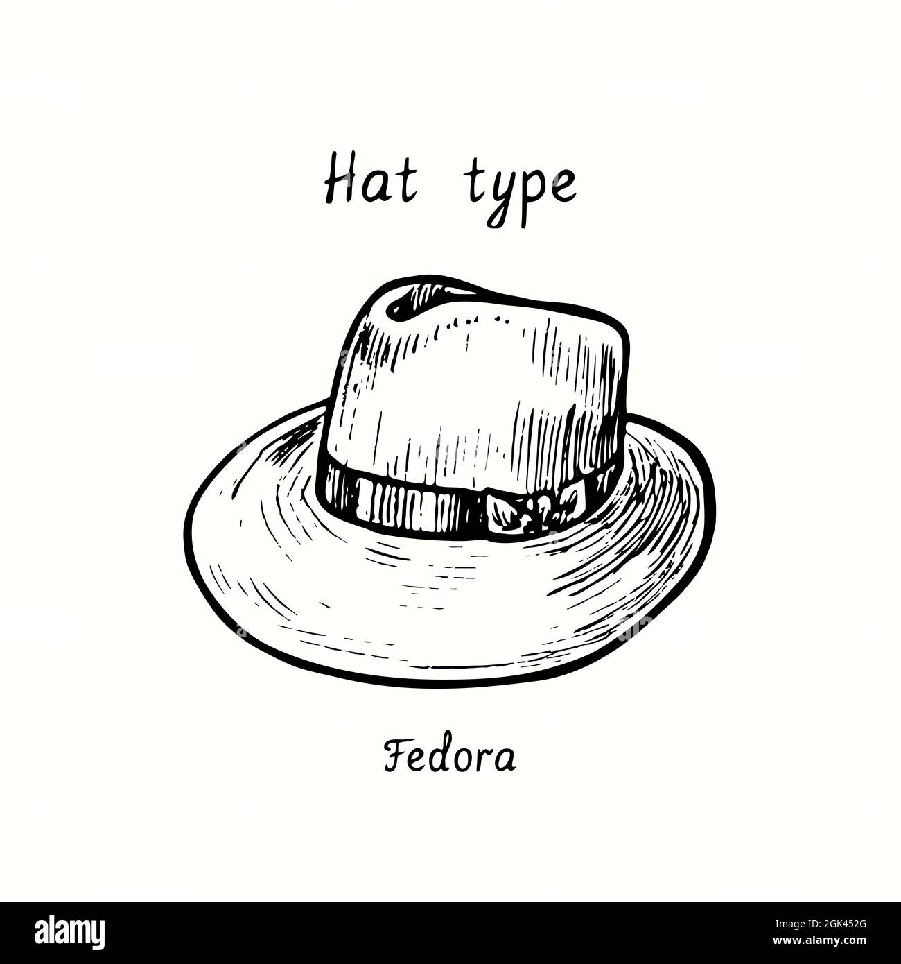 Hat type, fedora. Ink black and white drawing outline illustration ...