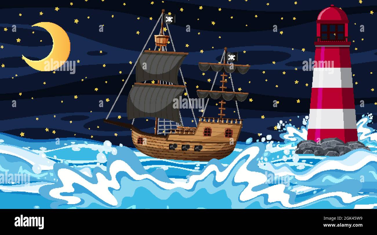 Ocean with Pirate ship at night scene in cartoon style illustration ...