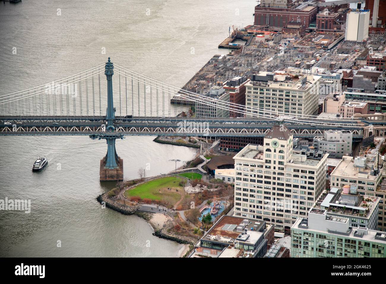 Manhattan Bridge aerial view from helicopter, New York City. City ...