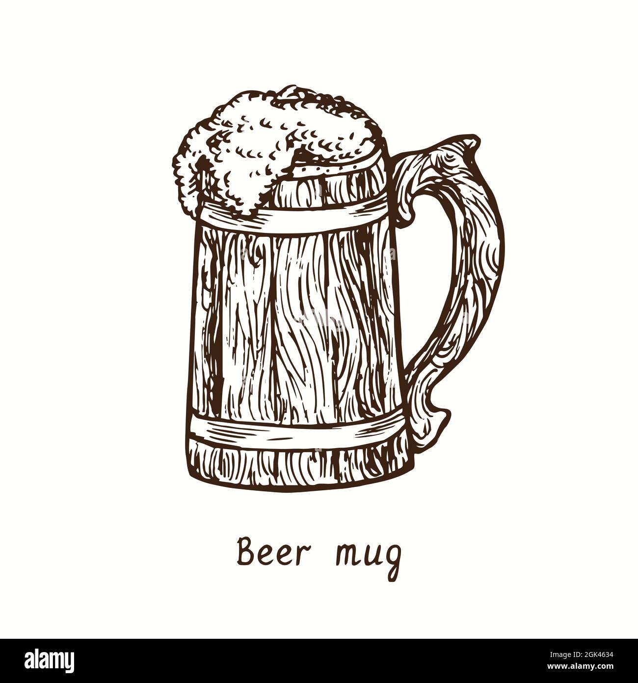 Wooden beer mug (tankard). Ink black and white doodle drawing in ...