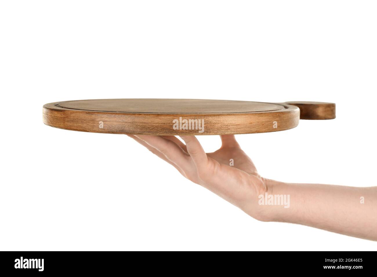 Female hand holding wooden board on white background Stock Photo - Alamy