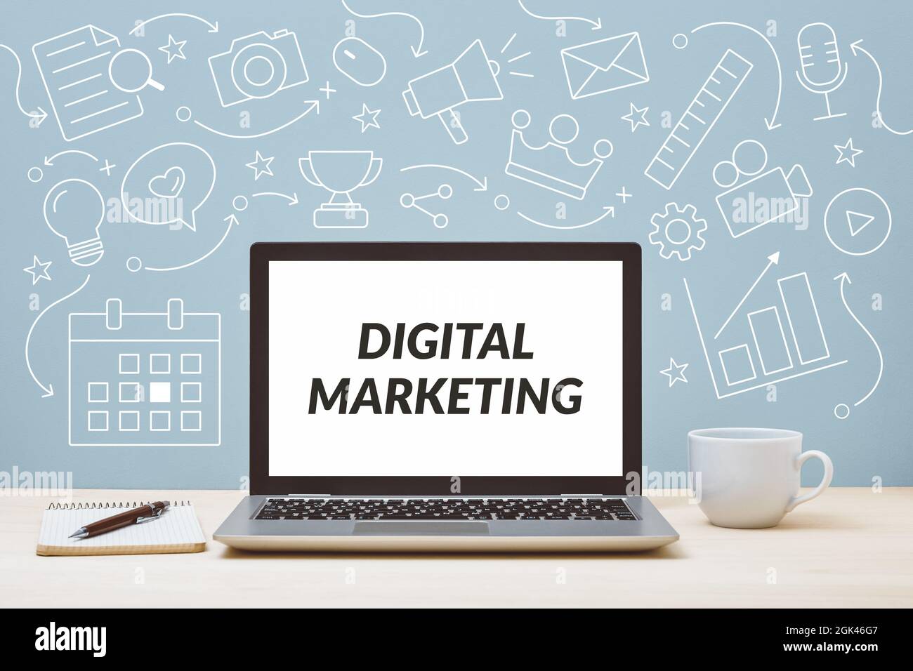 Digital marketing text on laptop screen with icon diagram background ...