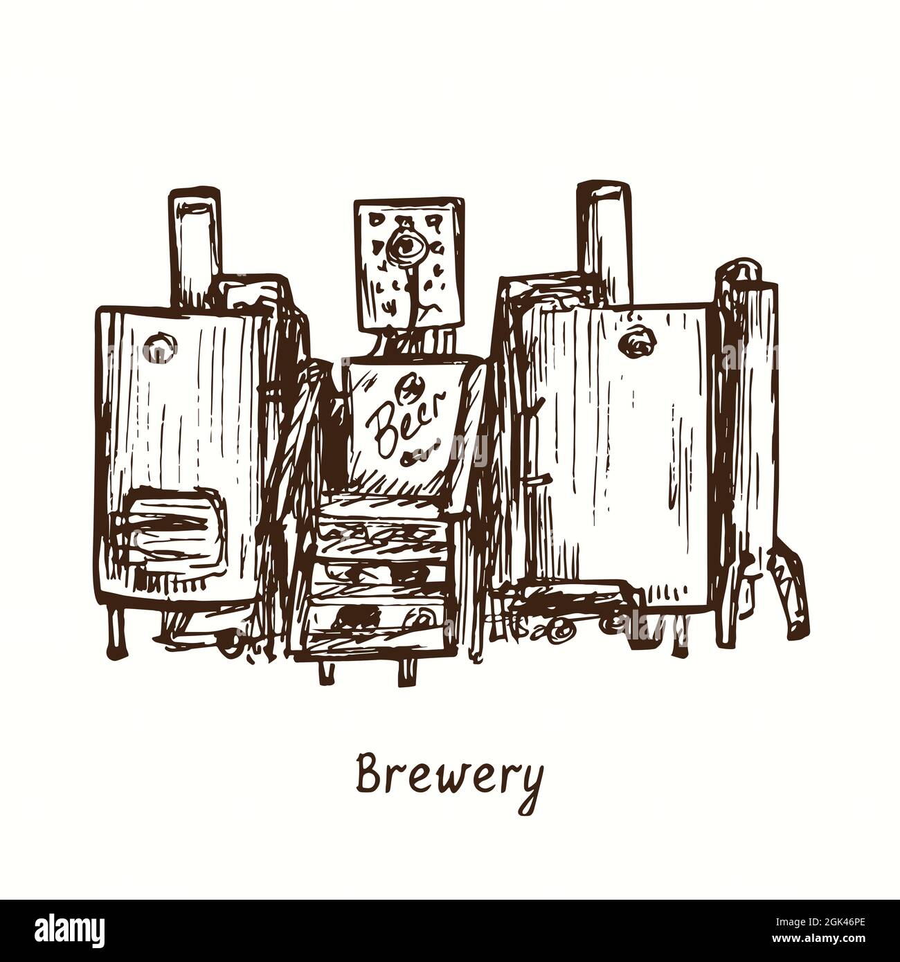 Brewery. Ink black and white doodle drawing in woodcut style Stock ...
