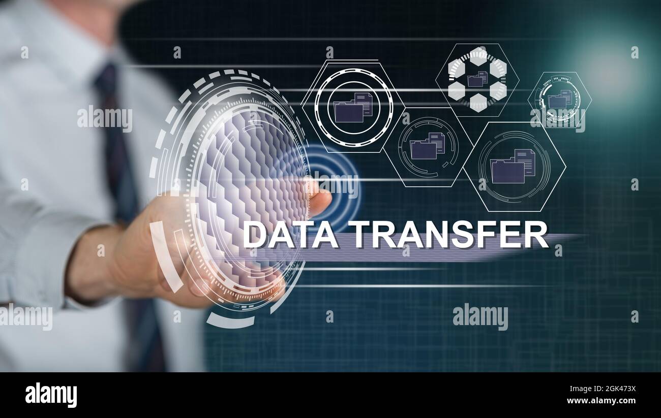 Man touching a data transfer concept on a touch screen with his finger ...