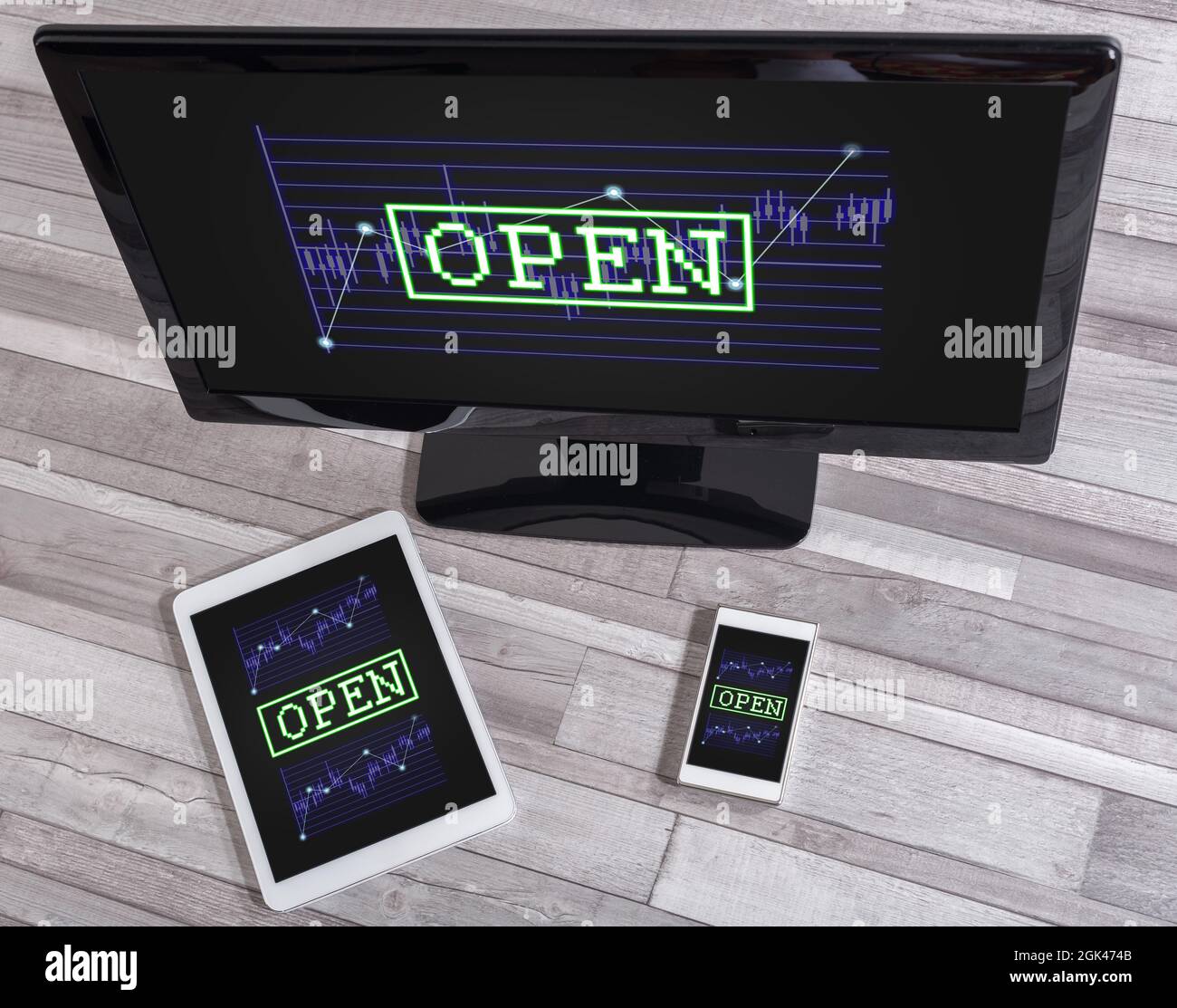 Open stock market concept shown on different information technology ...