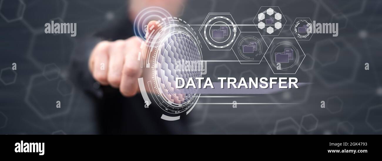 Man touching a data transfer concept on a touch screen with his finger ...