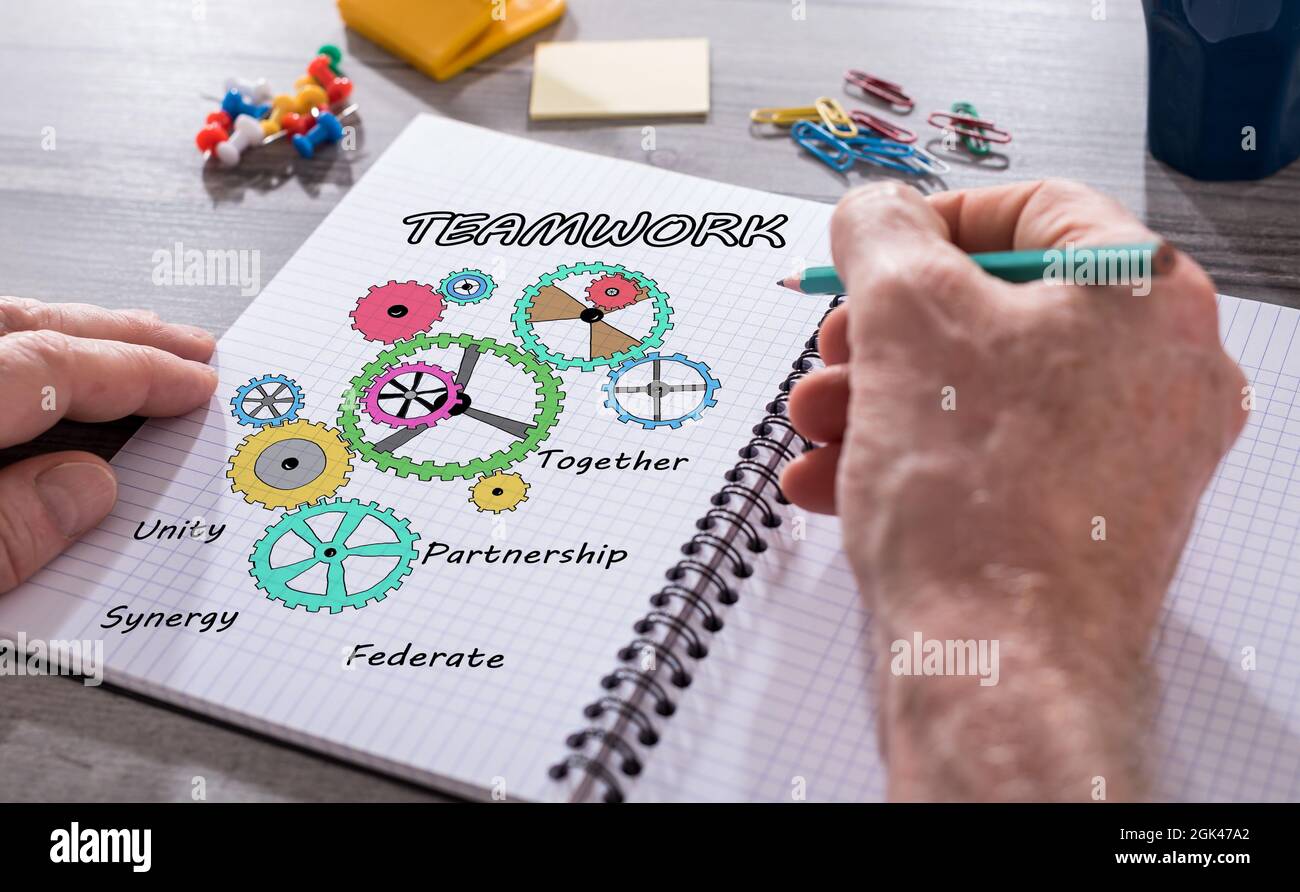 Hand drawing teamwork concept on a notepad Stock Photo - Alamy