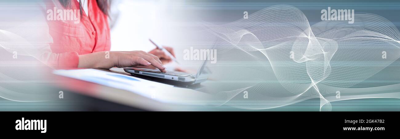 Woman typing on laptop at office, light effect. panoramic banner Stock ...