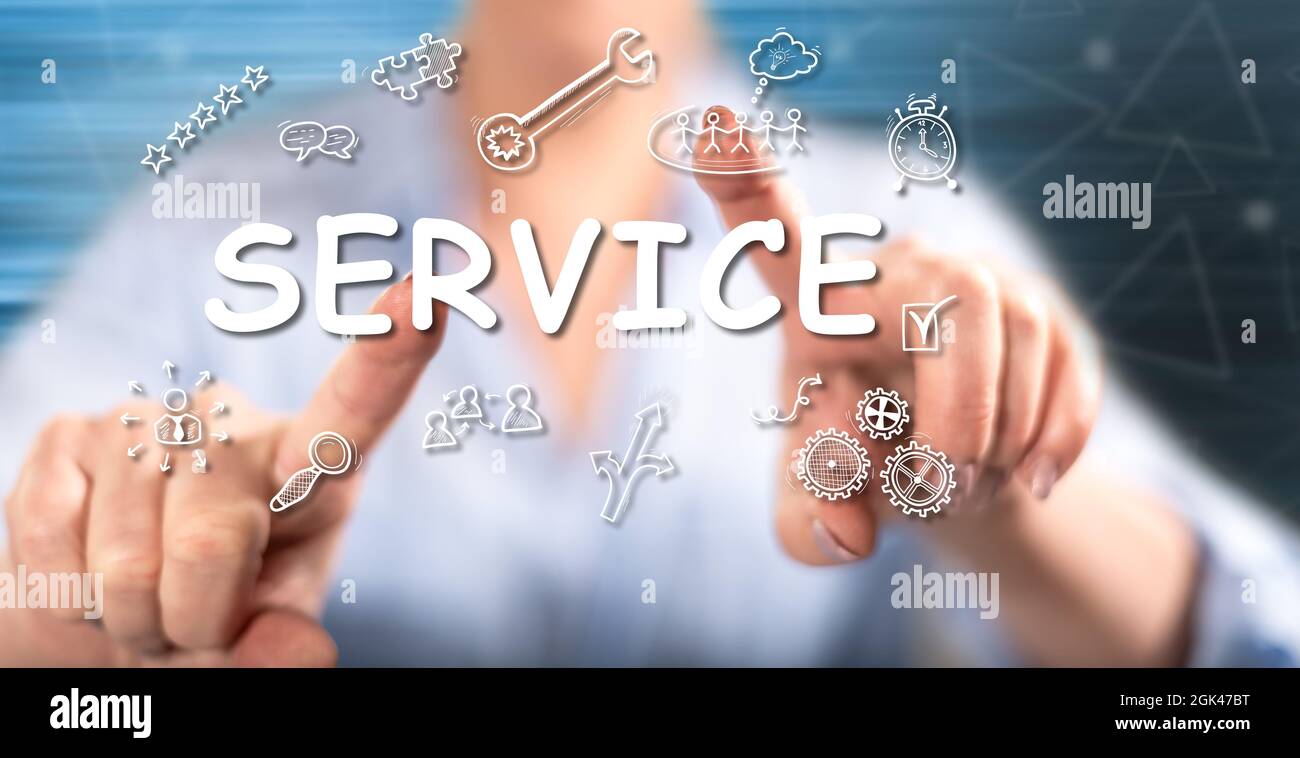 Woman touching a service concept on a touch screen with her fingers ...