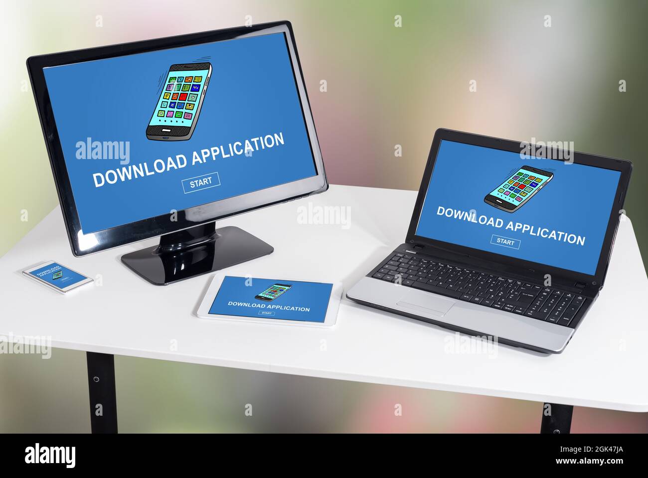 Download application concept shown on different information technology ...