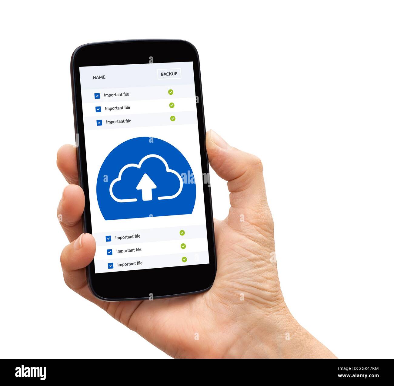 Hand holding a black smart phone with backup cloud storage concept on ...