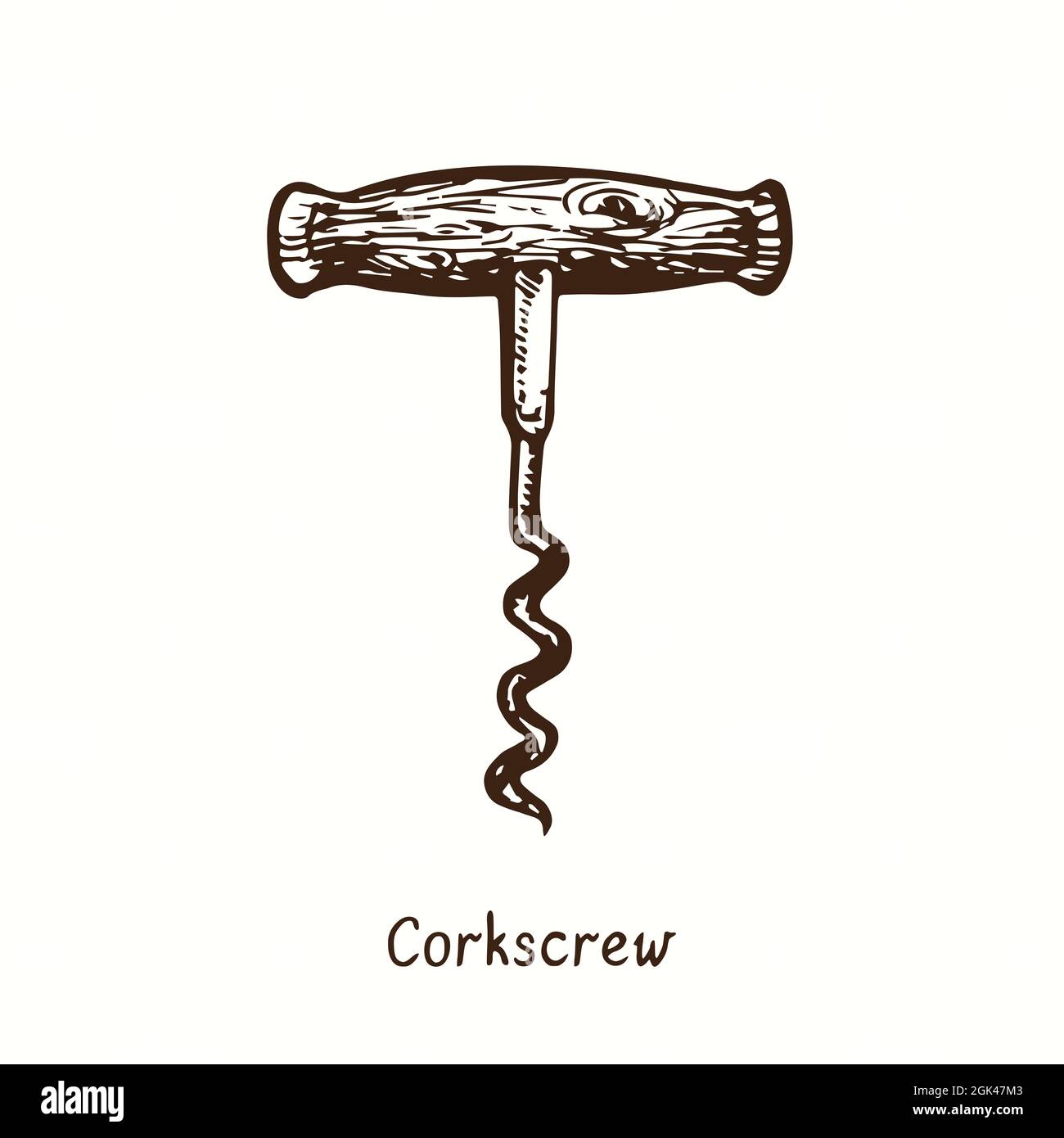 Corkscrew with wooden handle. Ink black and white doodle drawing in ...
