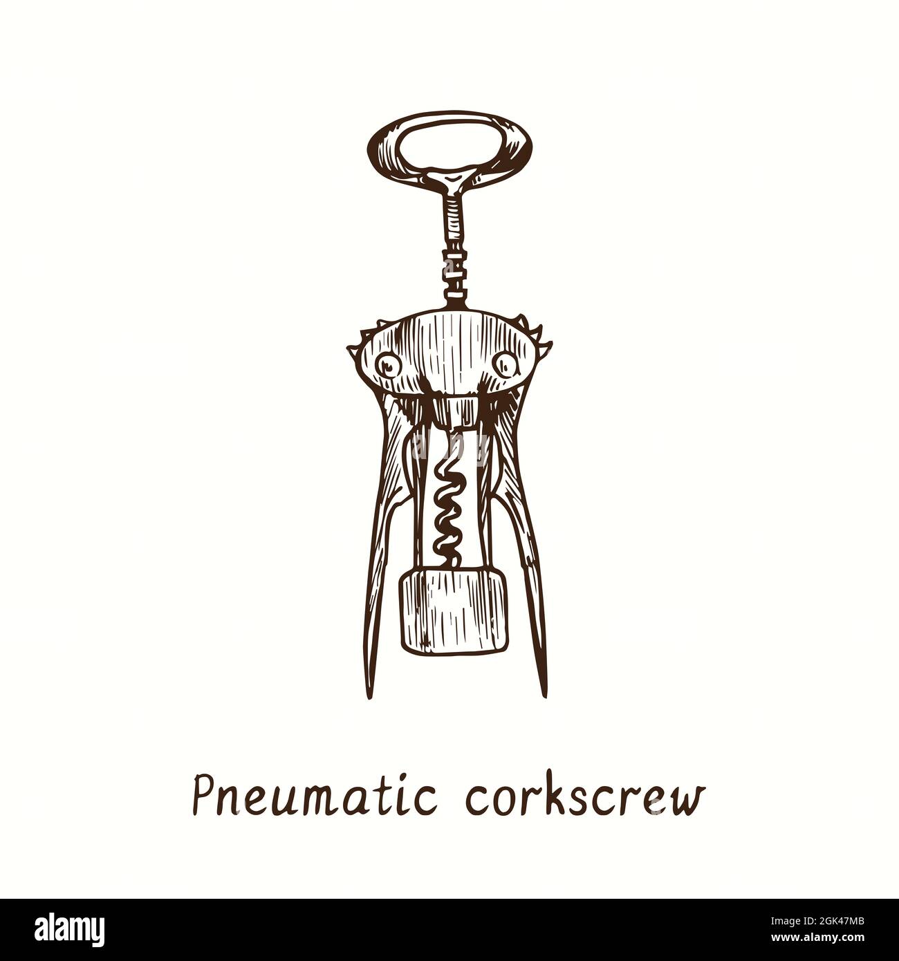 Pneumatic corkscrew. Ink black and white doodle drawing in woodcut ...