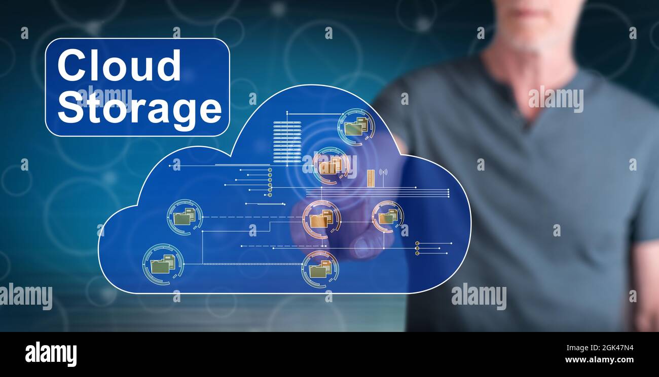 Man touching a cloud storage concept on a touch screen with his finger ...