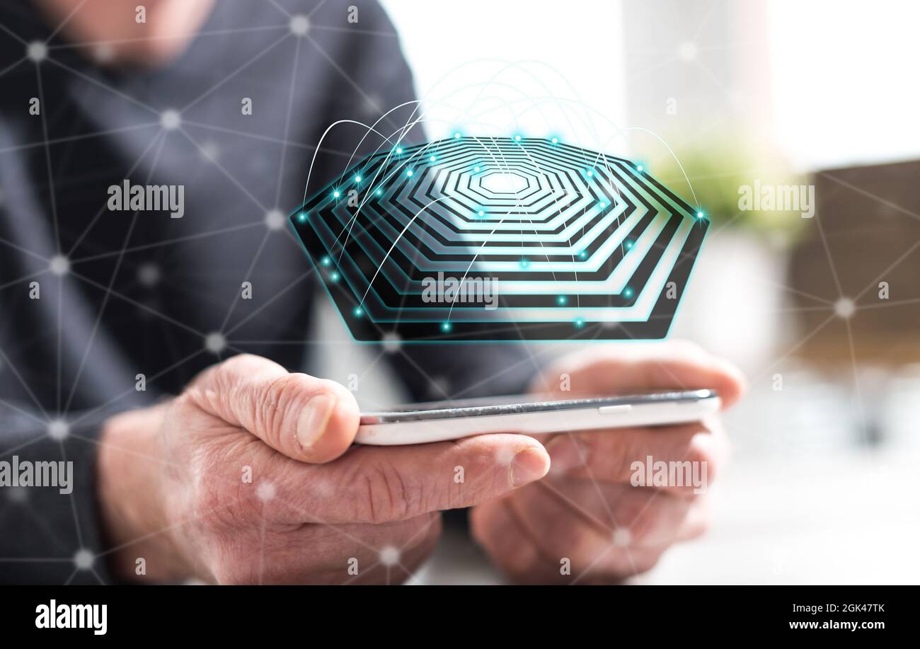 Hands of man holding a smartphone with web network concept Stock Photo ...